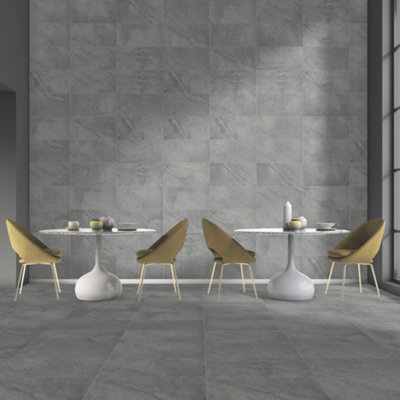 Slate Grey Slate Effect Matt Porcelain Indoor Wall & Floor Tiles ...