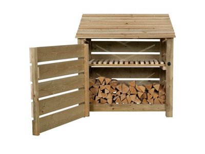 Slatted wooden log store with door and kindling shelf W-119cm, H-126cm ...