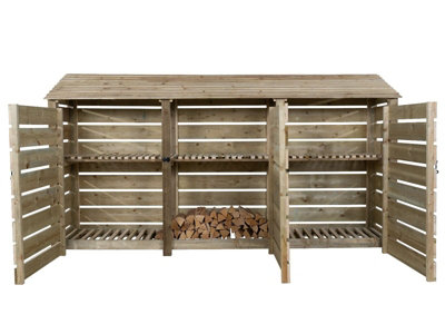 Slatted wooden log store with door and kindling shelf W-335cm, H-180cm ...