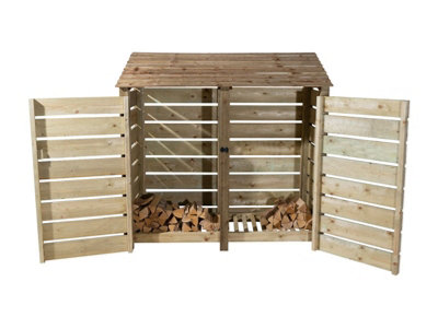 Slatted wooden log store with door W-187cm, H-180cm, D-88cm - natural ...