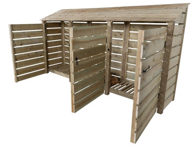 Slatted wooden log store with door W-335cm, H-180cm, D-88cm - natural ...