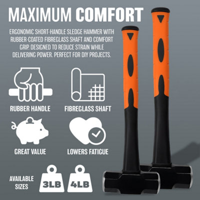 Sledge Hammer Short Handle Comfort Grip Fibreglass Rubber Shaft Diy 3Lb