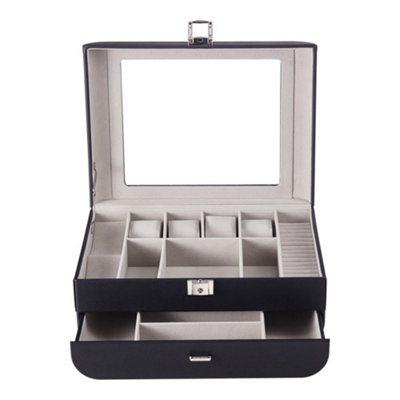 Sleek Black Faux Leather Jewelry Box with Transparent Lid