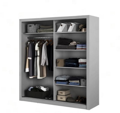 Sleek Mirrored Sliding Door Wardrobe with Shelves and Hanging Rail in ...