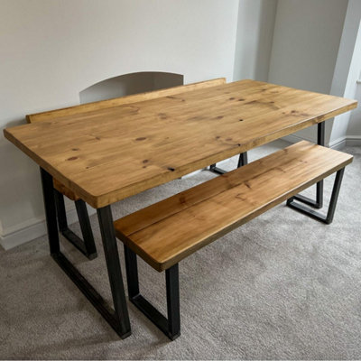 Sleek & Slender Rustic Dining Table Set (2 Benches ) - Chunky Tri Leg