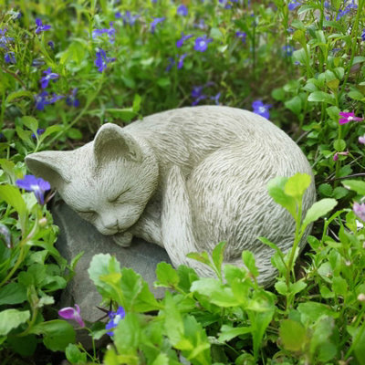 Sleeping Cat Stone Statue Outdoor Kitten Garden Ornament British Made ...