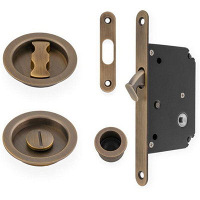 Sliding Pocket Door Lock & Latch Set - Antique Brass Rounded Forend ...
