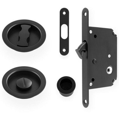Sliding Pocket Door Lock & Latch Set - Matt Black Rounded Forend Finger ...