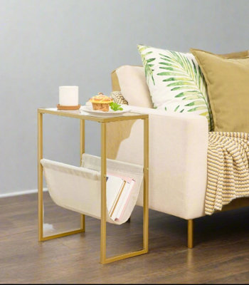 Slim Gold Side Table , Narrow Glass Sofa End Table with Fabric Magazine ...