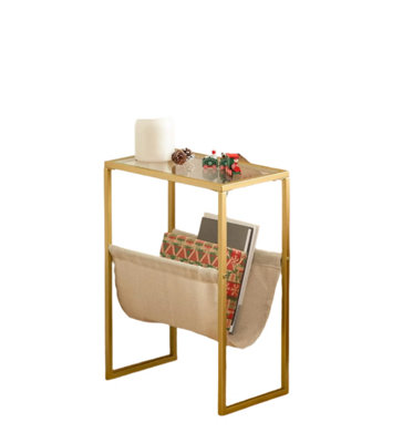 Slim Gold Side Table , Narrow Glass Sofa End Table with Fabric Magazine ...