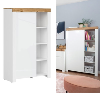 Slim Shelving Bookcase Unit Soft Close Door 156cm White Gloss Oak ...