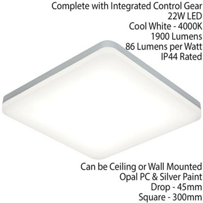 Slim Square LED Flush Ceiling Light 22W Cool White IP44 Sliver Bathroom ...