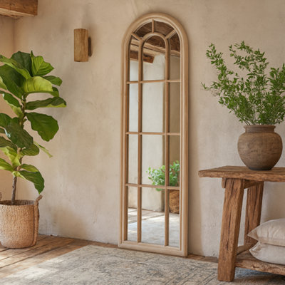 Slim Tall Natural Wood Arched Panel Window Mirror