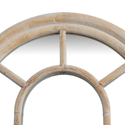 Slim Tall Natural Wood Arched Panel Window Mirror