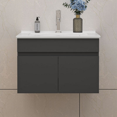 SLINE 590mm Matte Anthracite Wall-Hung Bathroom Vanity Unit With Basin ...