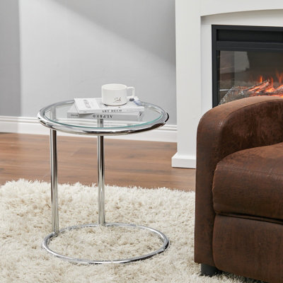 Sliver Round Tempered Glass Side Table with Metal Base Dia 45cm x H ...