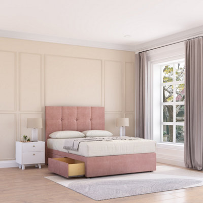 Sloomy Jasmine Pink Plush 4FT Memory Foam Bed Set With 2 Drawers Mattress Headboard Small