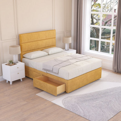 Sloomy Texas Mustard Plush 4FT6 Memory Foam Bed Set With 2 Drawers ...