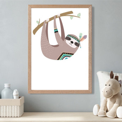 Sloth Tribal Animal Framed Print SIZE: A3 with Oak Frame
