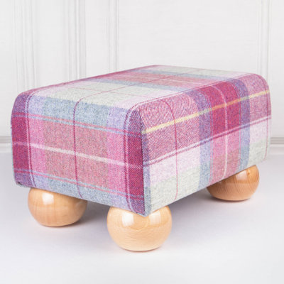 Small Blush Pink Tartan Upholstered Footstool Pouffe w/ Natural Gloss ...