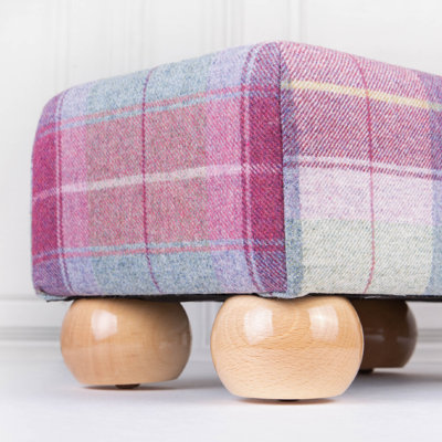 Small Blush Pink Tartan Upholstered Footstool Pouffe w/ Natural Gloss ...