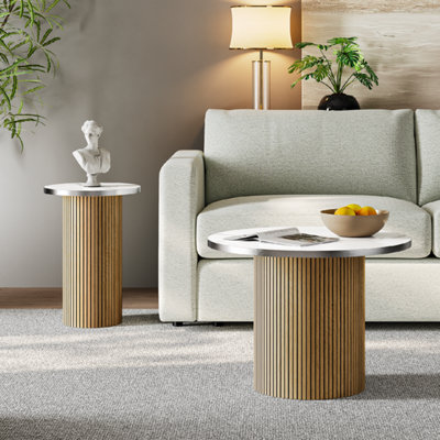 Small Coffee Table Set of 2,Round Coffee Tables for Living Room,Oak