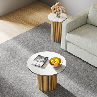 Small Coffee Table Set of 2,Round Coffee Tables for Living Room,Oak