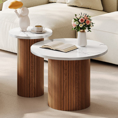 Small Coffee Table Set of 2,Round Coffee Tables for Living Room,Walnut