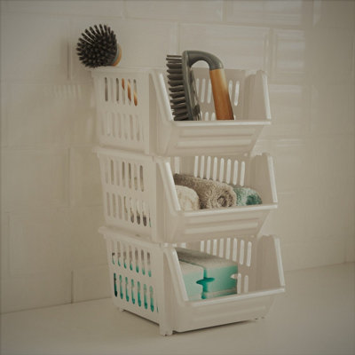 Small Cream Stacking Storage Baskets 3 Tier Kitchen Home Office