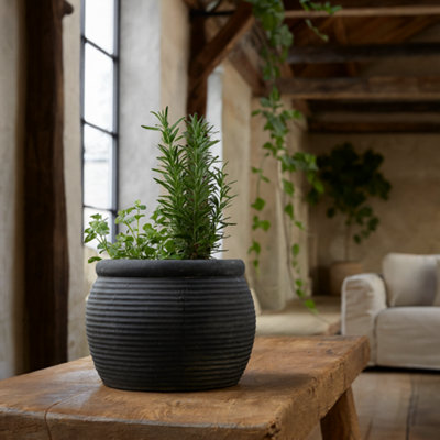 Small Dark Grey Ribbed Round Ceramic Plant Pot