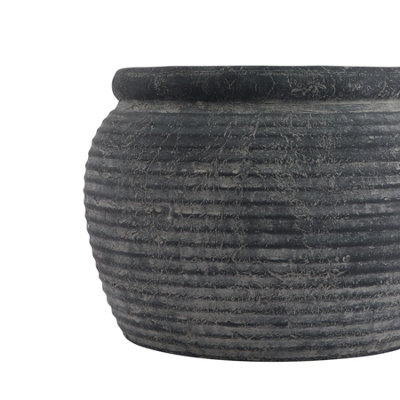 Small Dark Grey Ribbed Round Ceramic Plant Pot