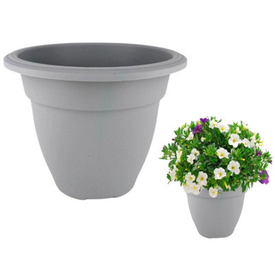 Small Grey Round Plant Pot 20cm Plastic Bell Planter Traditional Flower Pot