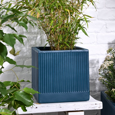 Small Navy Blue Ribbed Finish Fibre Clay Indoor Outdoor Garden Plant ...