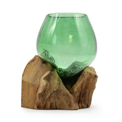 Small Recycled Glass Bowl with Wooden Base Handmade Home Décor