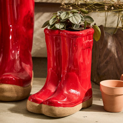 Small Red Wellington Boot Ceramic Indoor Outdoor Summer Flower Pot ...