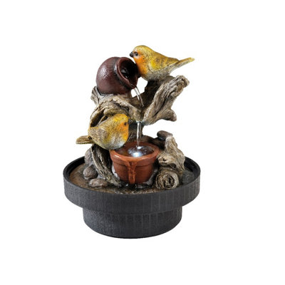 Small Robin Water Fountain Garden Water Feature Cool LED Robin On Jugs 23cm