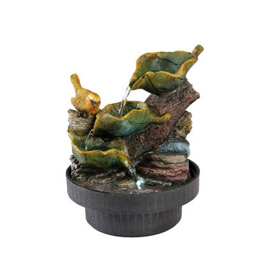 Small Robin Water Fountain Garden Water Feature Cool LED Robin On Leaf 23cm