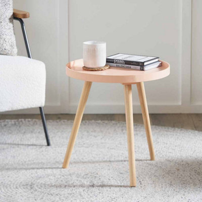 Small Round Coral Side Table With Wooden Tripod Legs For Small Corners