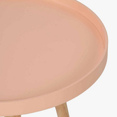 Small Round Coral Side Table With Wooden Tripod Legs For Small Corners