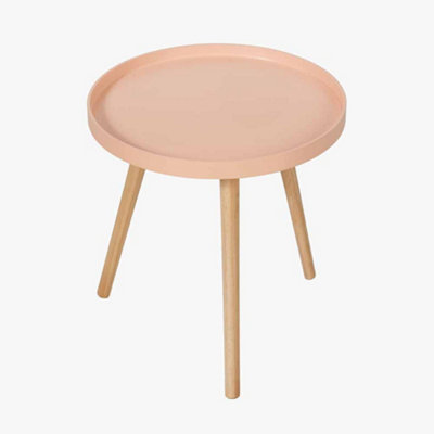 Small Round Coral Side Table With Wooden Tripod Legs For Small Corners