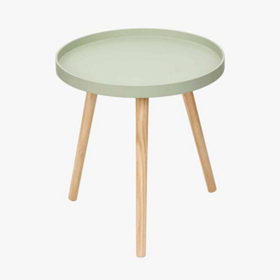 Small Round Sage Green Side Table With Wooden Tripod Legs For Small Corners