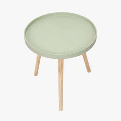 Small Round Sage Green Side Table With Wooden Tripod Legs For Small Corners