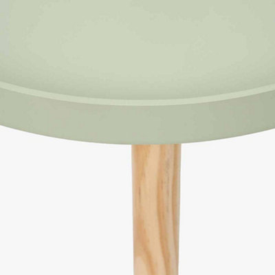 Small Round Sage Green Side Table With Wooden Tripod Legs For Small Corners