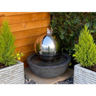 Small Stainless Sphere Resin Base Mains Power Water Feature With Cover