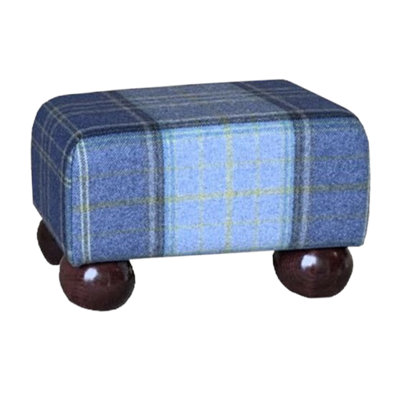 Small Tartan Footstool - Eltham Navy Blue - Mahogany Gloss Bun Feet