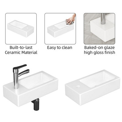 Small Wall Mount Wash Hand Basin Rectangle, Left Hand