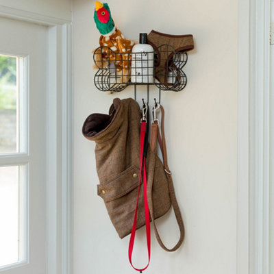Small Wire Storage Shelf Bone Shaped Basket With Dog Lead Hooks Pet Tidier