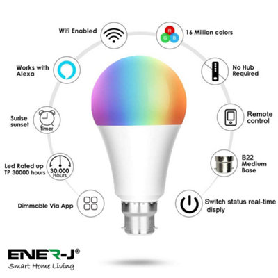 Smart Wi-Fi GLS LED Lamp B22, 9W, RGB+W+WW, Dimmable