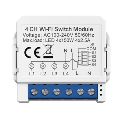 Smart WiFi+BLE 4CH Light Switch Module (Max 4 x 150W). On/Off Switch