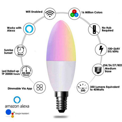 Smart WiFi E14 LED Candle Bulb 4.5W, RGB+W+WW, Dimmable